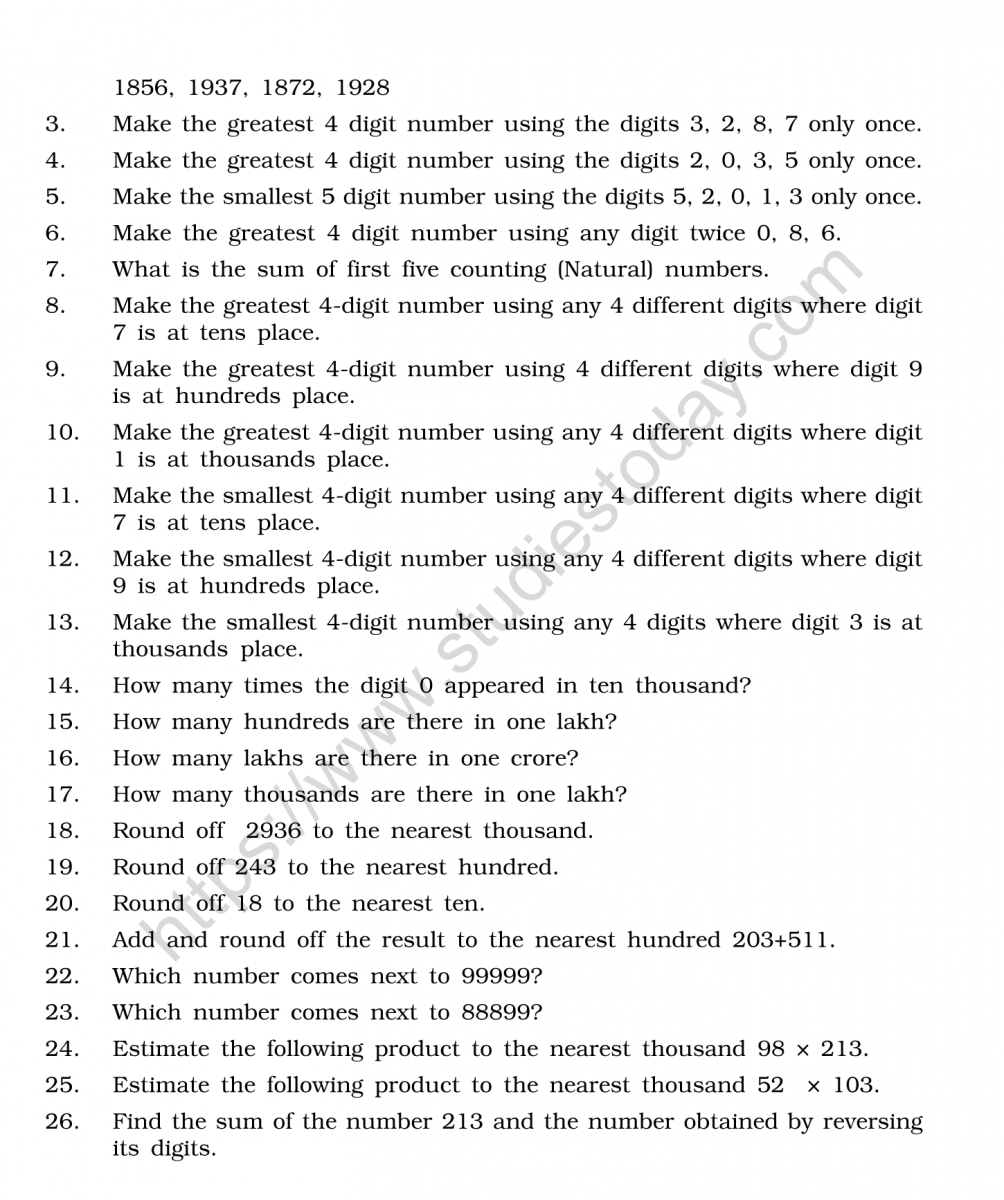 CBSE Class 6 Mental Maths Knowing Our Numbers Worksheet CBSE Class 6 Mental Maths Knowing Our Numbers Worksheet